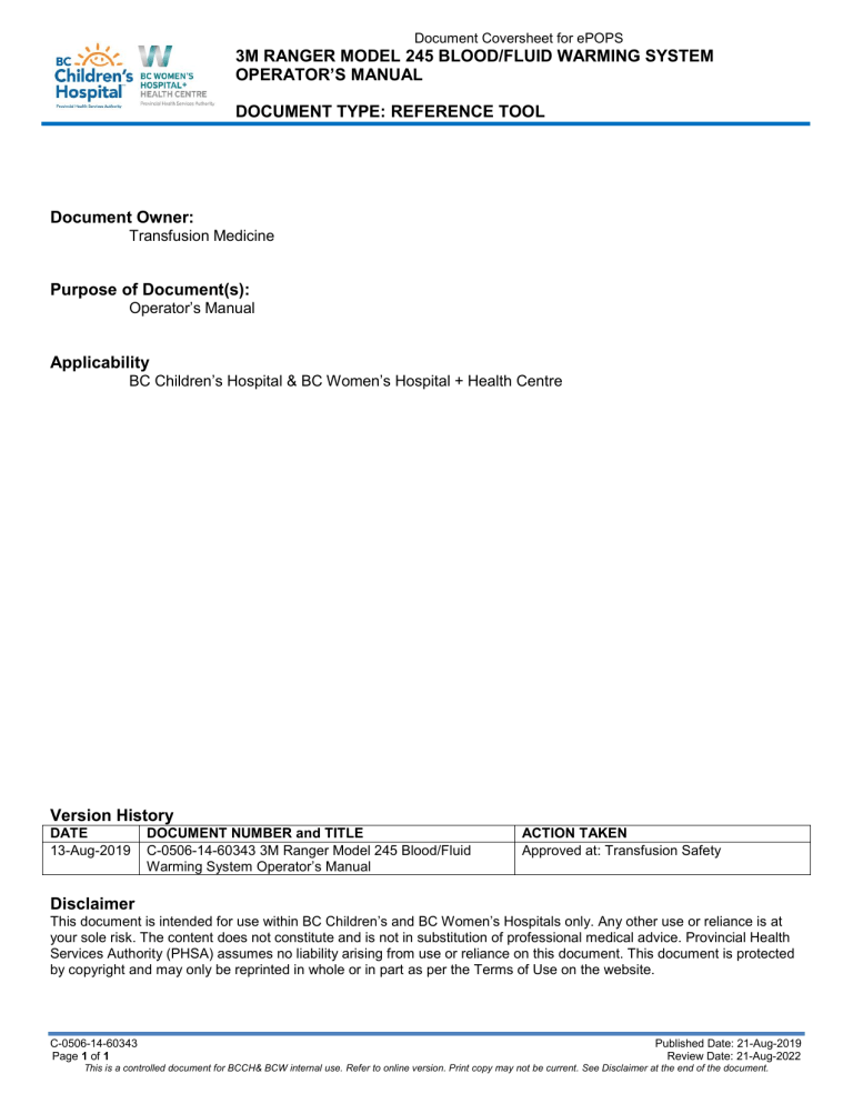 3M Ranger Blut-/Flüssigkeitswärmesystem Bedienungsanleitung