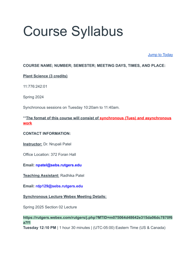 Plant Science Syllabus - Rutgers University Spring 2024 | Dr. Patel