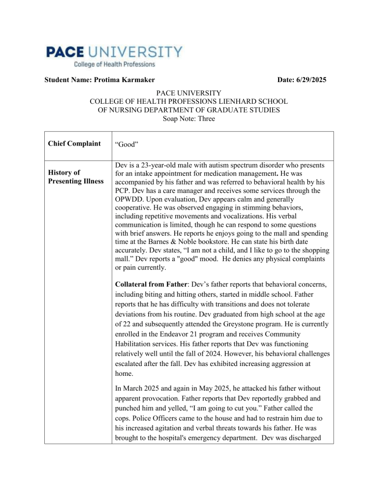 Autism Spectrum Disorder SOAP Note: Medication Management