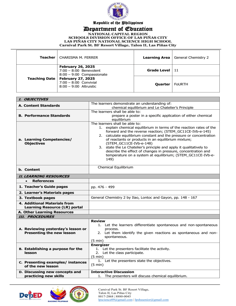 General Chemistry 2 Lesson Plan: Chemical Equilibrium & Le Chatelier's ...