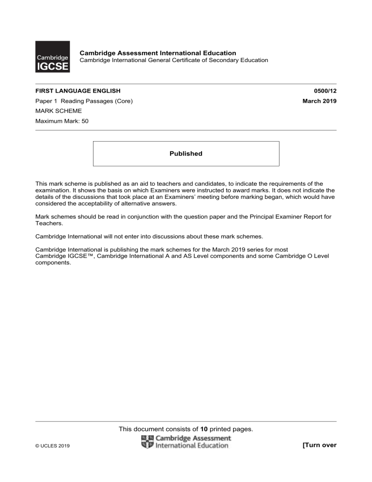 Cambridge IGCSE First Language English 0500/12 Mark Scheme March 2019