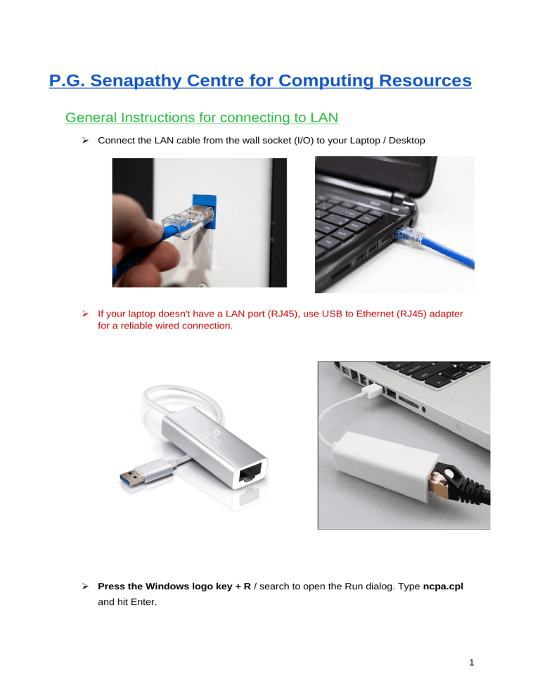 LAN Connection Guide: P.G. Senapathy Centre for Computing Resources