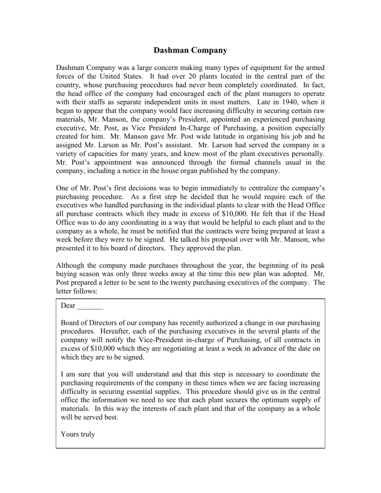 Dashman Company: Centralizing Purchasing Procedures Case Study