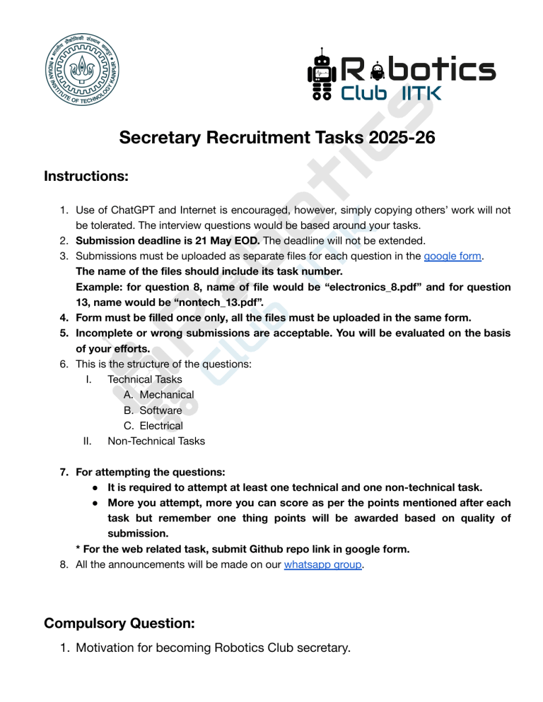 Robotics Club IITK Secretary Recruitment Tasks 2025-26