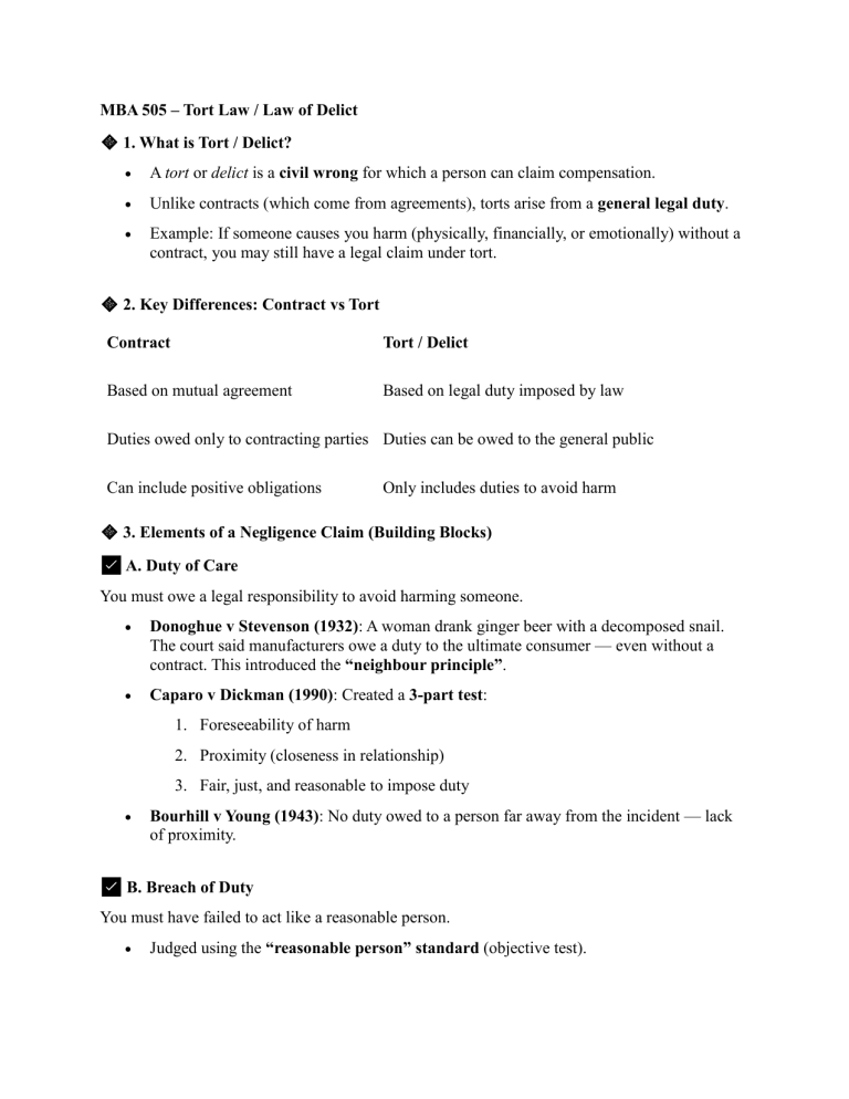 Tort Law/Delict: Negligence, Liability & Defenses