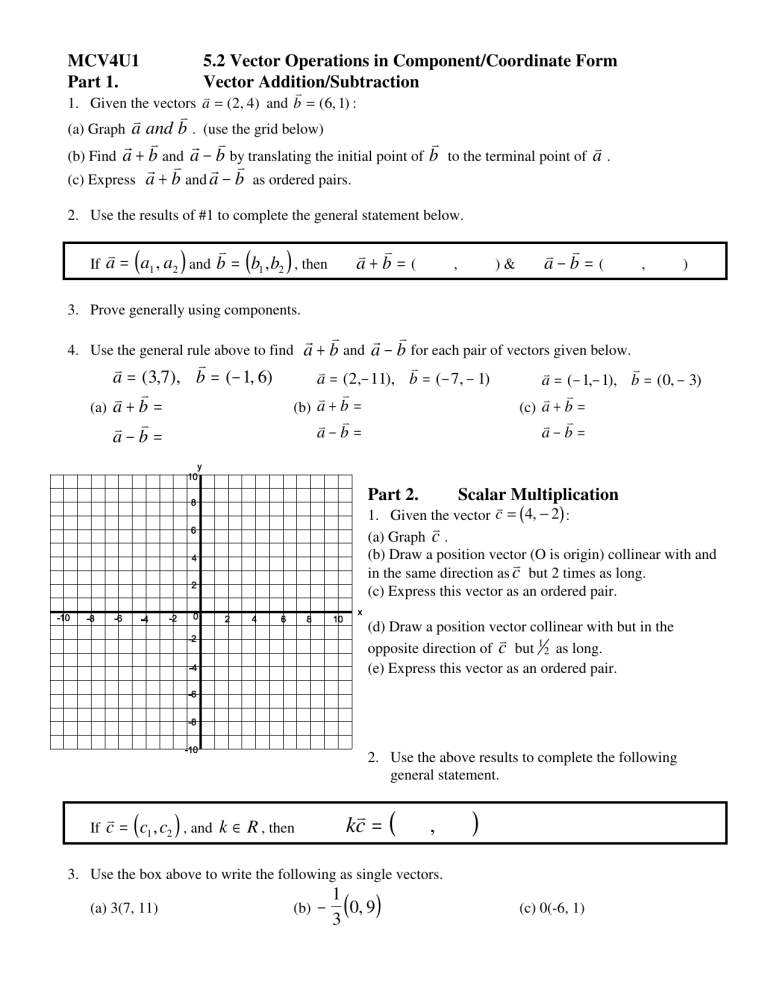 Vector Operations in Component/Coordinate Form - Math Worksheet