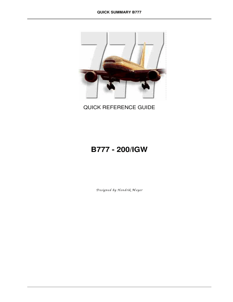 B777 Quick Reference Guide: Aircraft Systems Summary for Training
