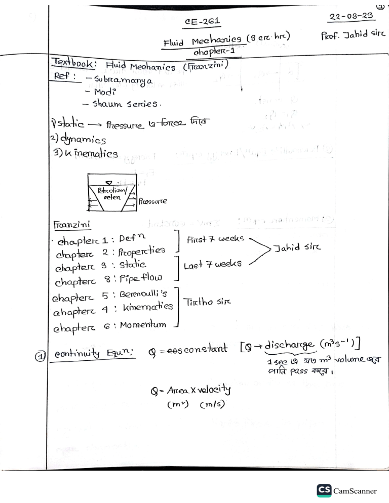 Fluid Mechanics Lecture Notes - College Level