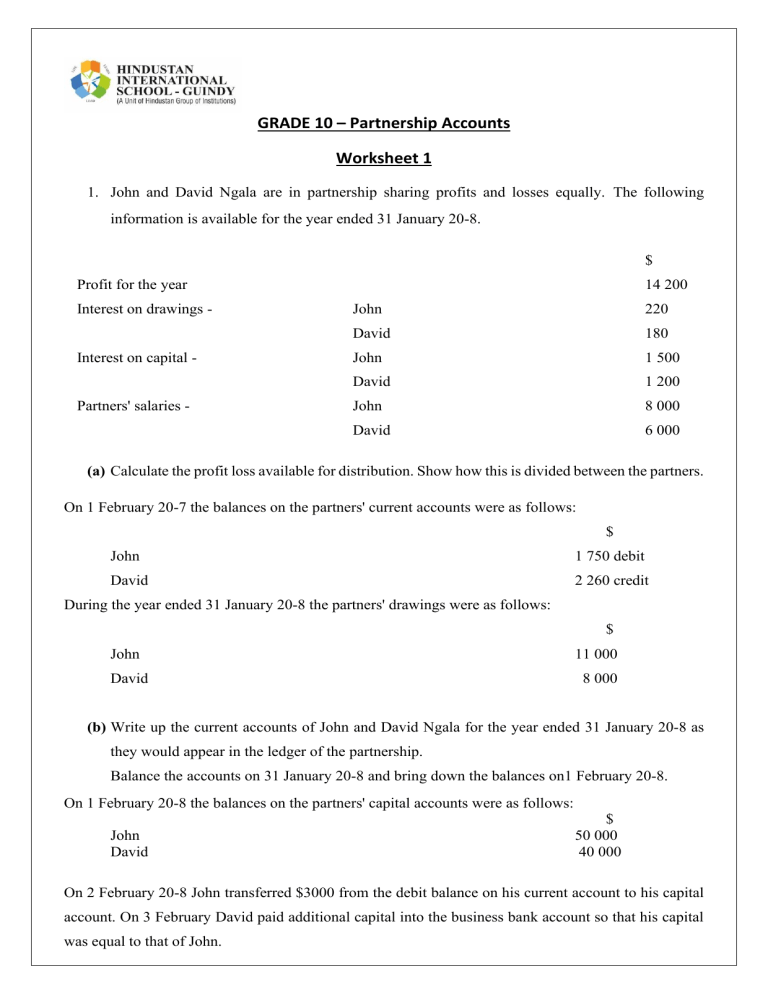 Grade 10 Partnership Accounts Worksheet | Financial Accounting