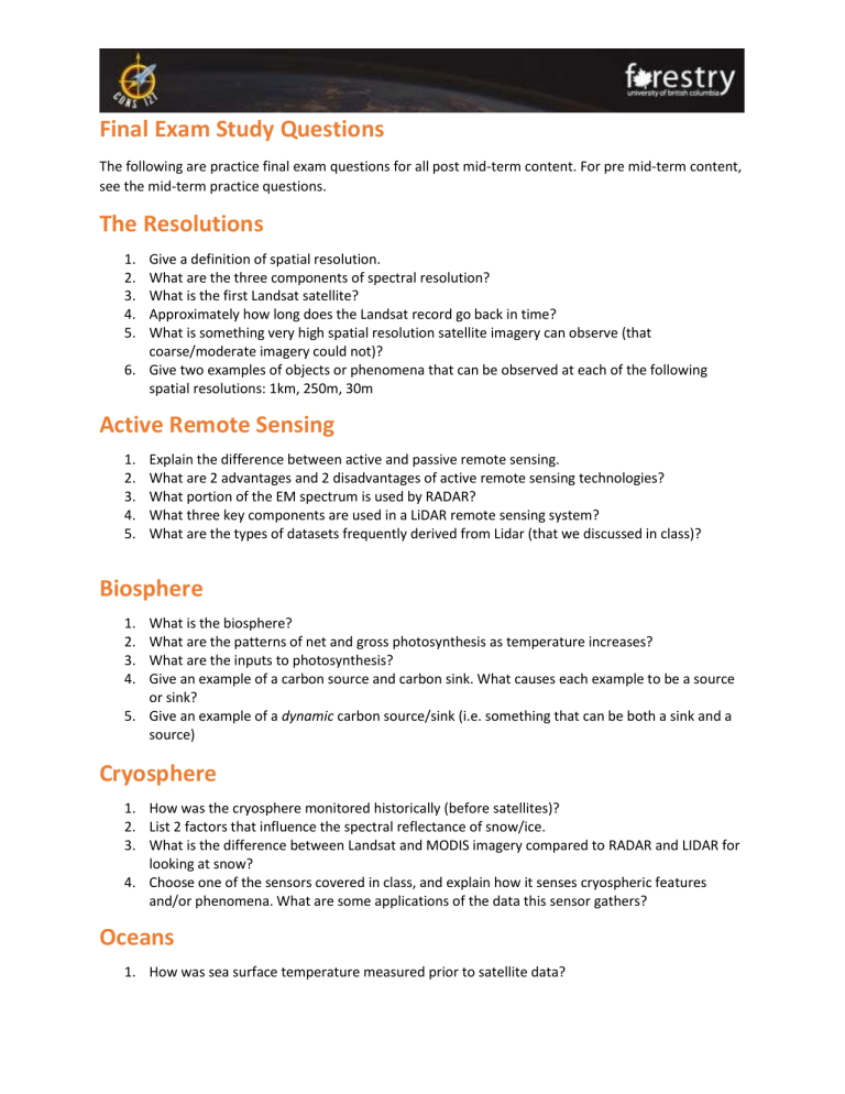 Remote Sensing & Earth Science Final Exam Study Questions