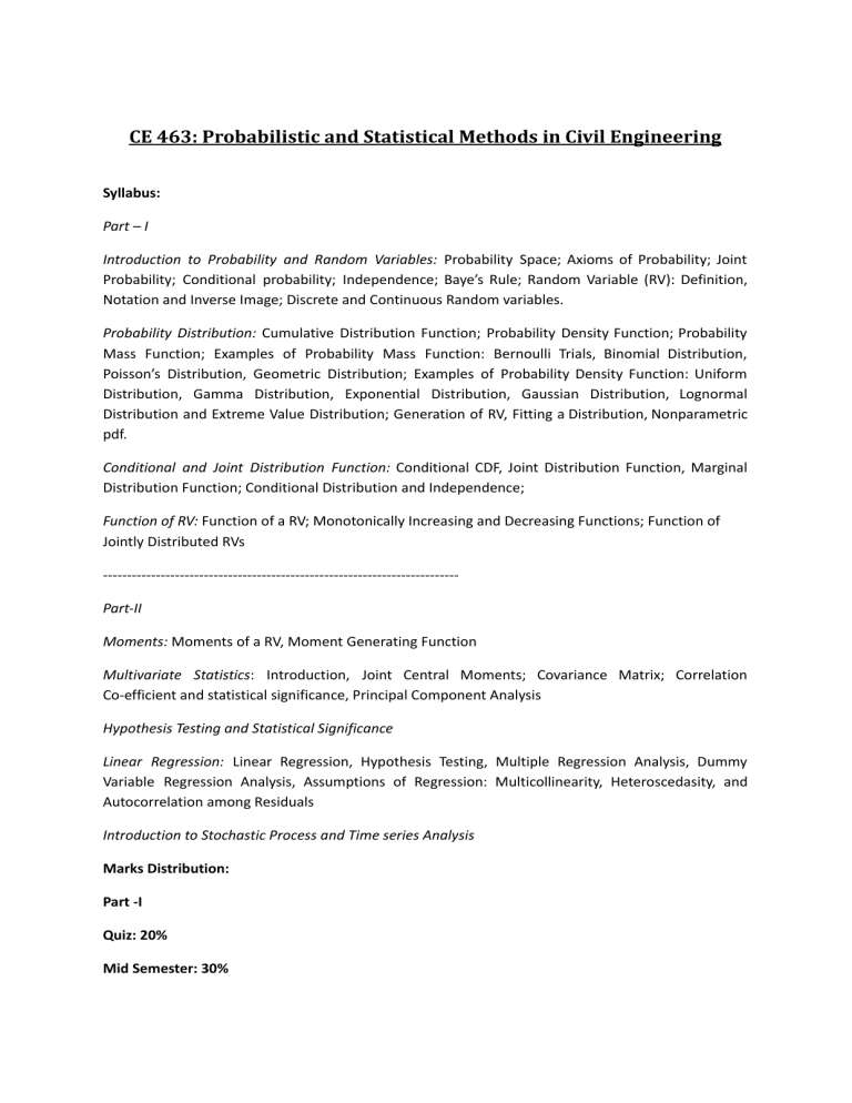 CE 463: Probabilistic & Statistical Methods in Civil Engineering Syllabus