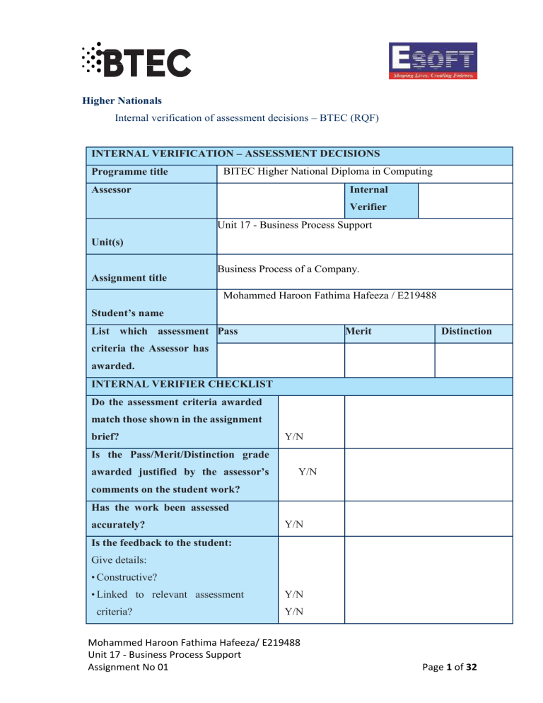 Business Process Support Assignment Brief & Feedback