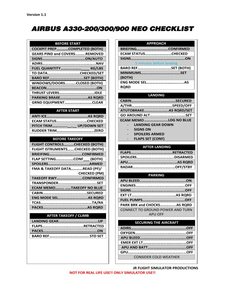 Airbus A330 NEO Checklist: Simulator Procedures