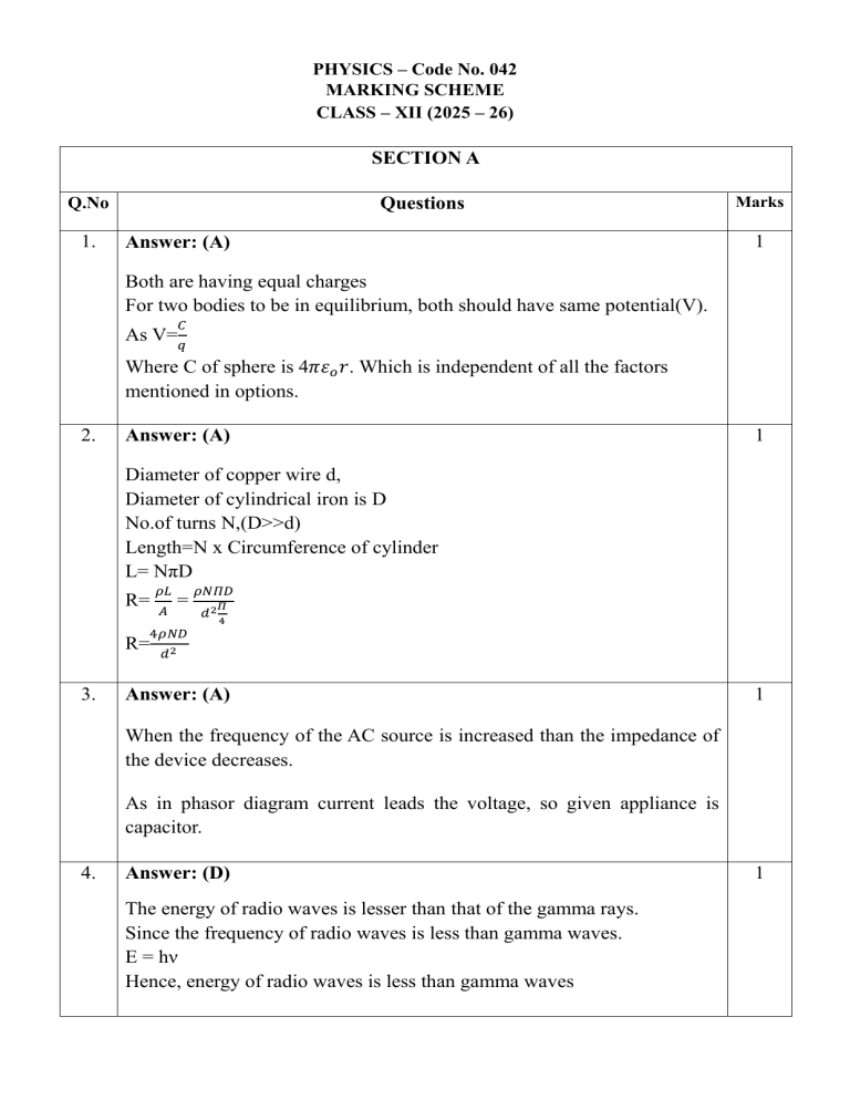 Physics Class 12 Marking Scheme 2025-26 | Exam Solutions