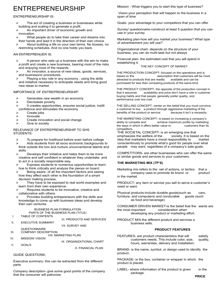 Entrepreneurship: Business Plan, Marketing Mix & Concepts Guide