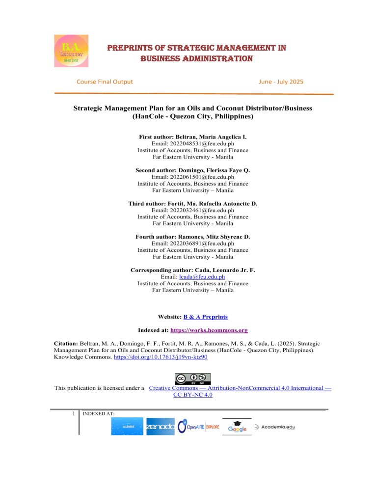 Strategic Management Plan: HanCole Oils & Coconut Distributor