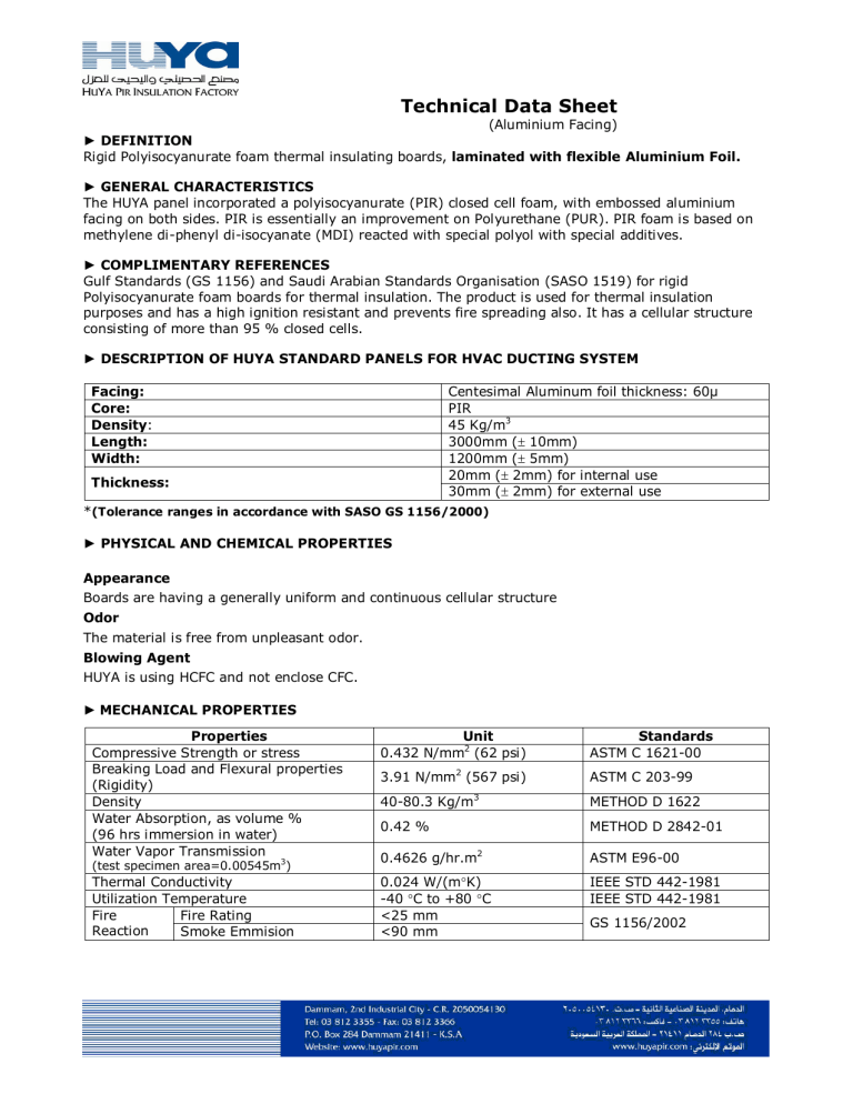 HUYA PIR Foam Insulation Technical Data Sheet - Aluminium Facing
