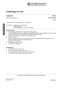 Cambridge O Level Chemistry 5070/12 Paper 1 May/June 2024