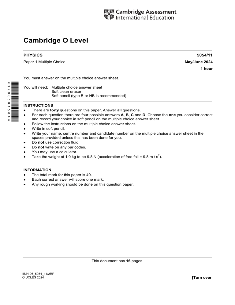 Cambridge O Level Physics: Multiple Choice Exam Paper