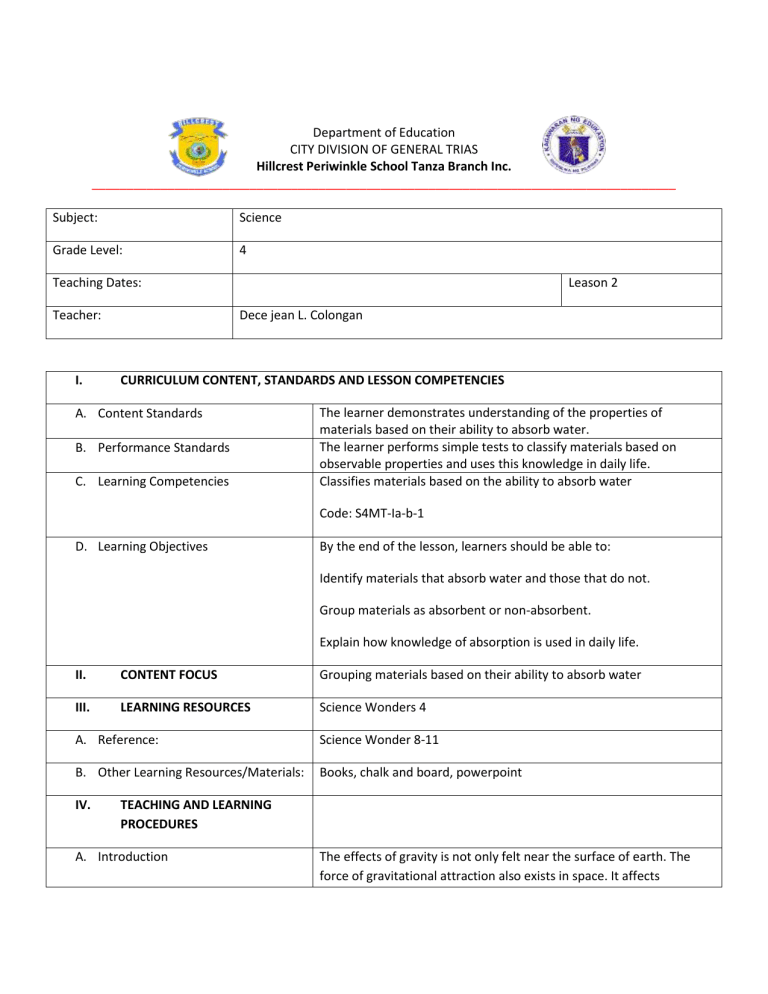 Grade 4 Science Lesson Plan: Material Absorption & Properties
