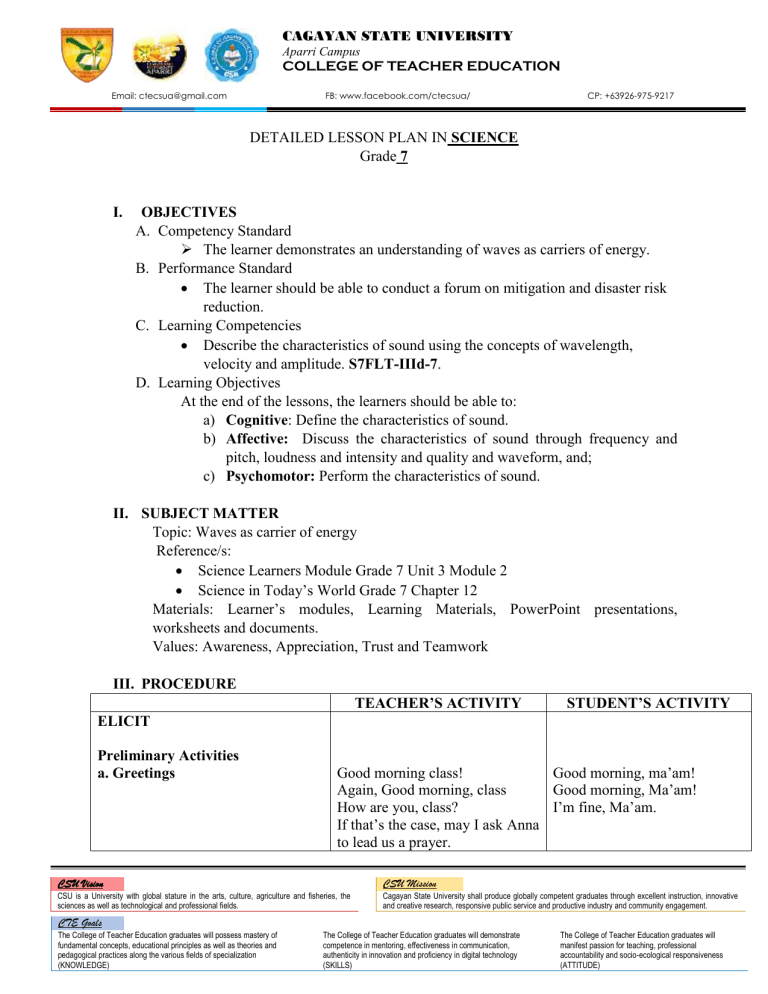 Grade 7 Science Lesson Plan: Sound Wave Characteristics