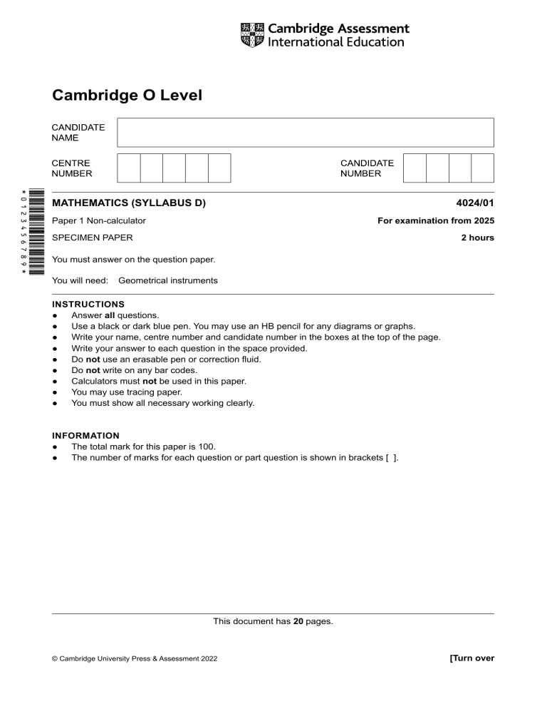 Cambridge O Level Mathematics (D) Paper 1 Specimen