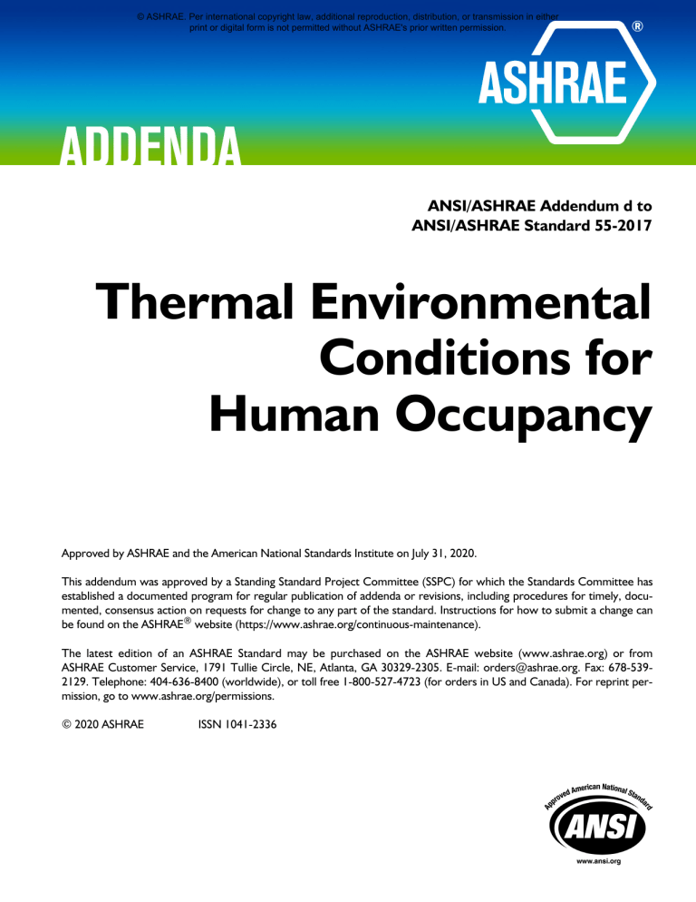 ASHRAE 55-2017 Addendum d: Thermal Environmental Conditions for Human ...