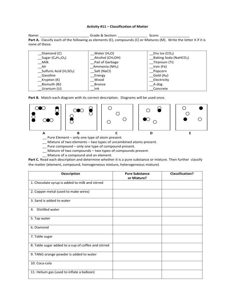 Classification of Matter Worksheet: Elements, Compounds, Mixtures