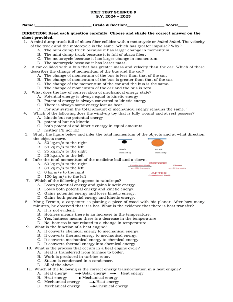 Science 9 Unit Test: Physics Concepts & Problem Solving