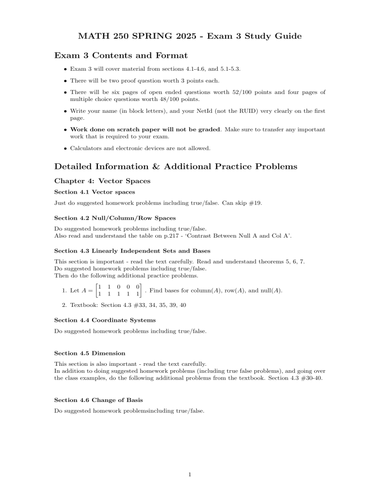 MATH 250 Exam 3 Study Guide: Vector Spaces & Eigenvalues