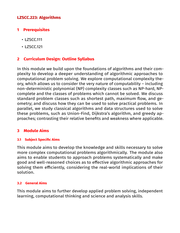 Algorithms Module Syllabus: LZSCC.223 - Computational Complexity