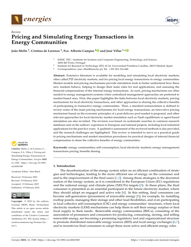 Energy Communities: Pricing & Simulation of Energy Transactions