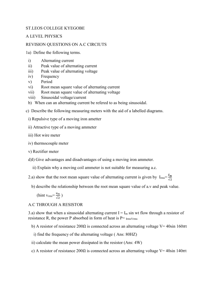 A.C. Circuits Physics Revision Questions | ST.LEOS COLLEGE A-Level
