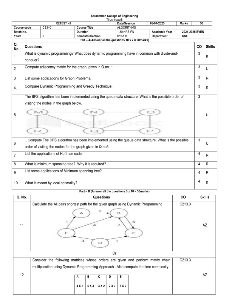 Algorithms Retest II: Dynamic Programming & Graph Problems Exam