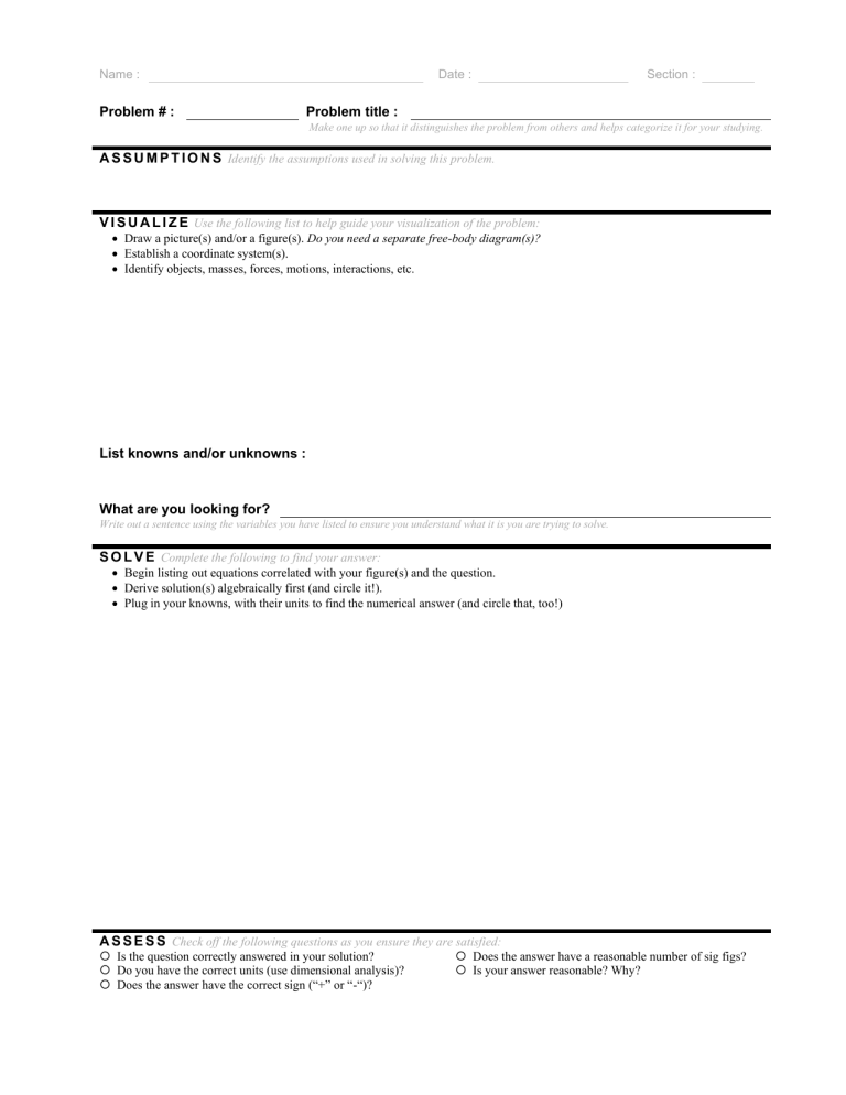 Physics & Engineering Problem Solving Template | Mechanics Worksheet