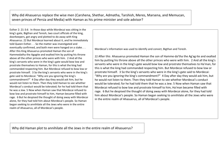 Esther Study Guide: Haman's Plot & Ahasuerus's Advisors
