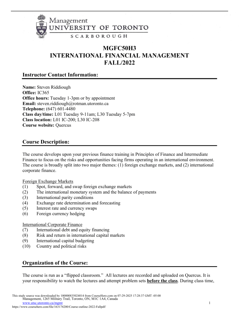 MGFC50H3 International Financial Management Course Outline UTSC