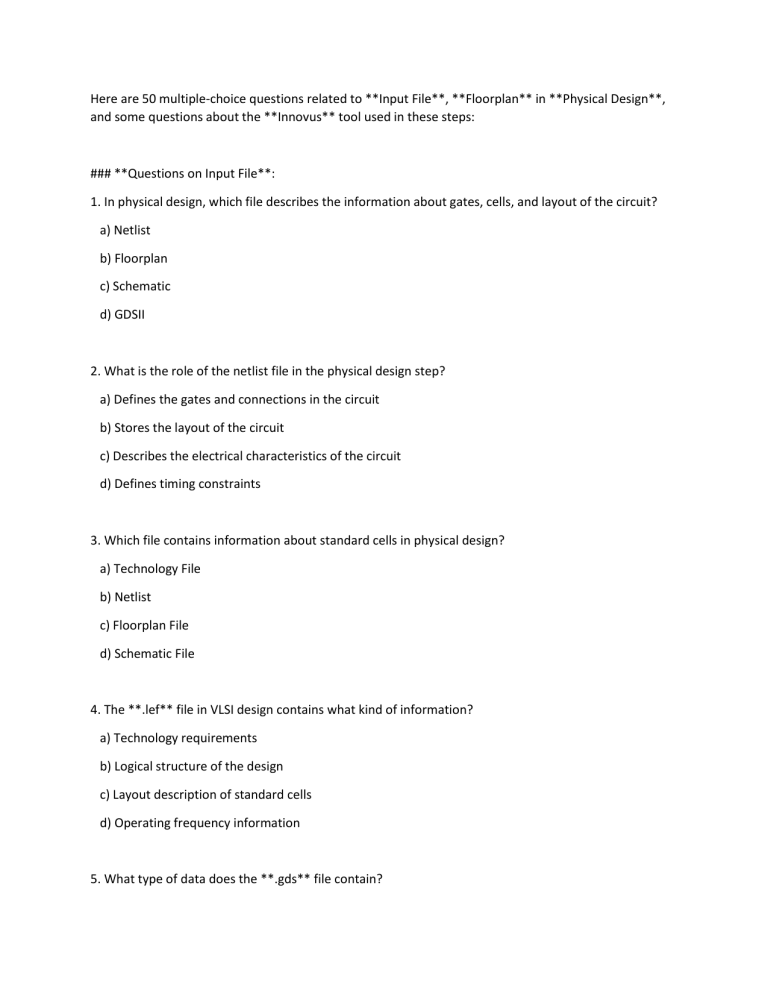 VLSI Physical Design: Input File, Floorplan & Innovus MCQs