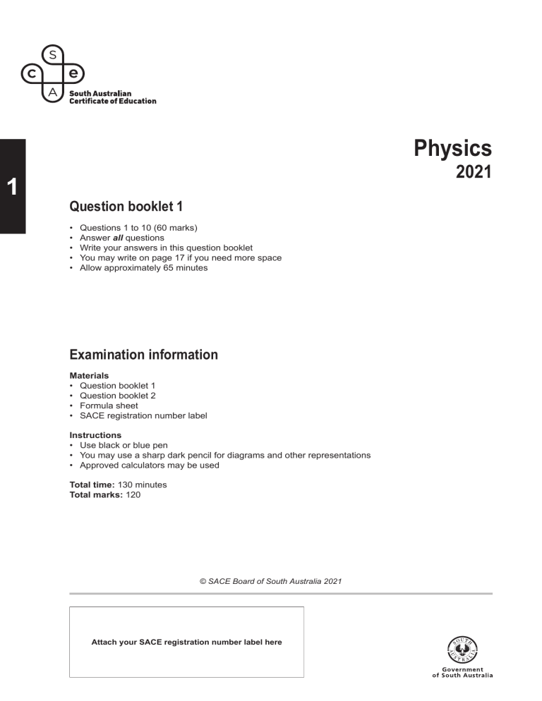 Physics 2021 Question Booklet 1 - SACE High School Exam