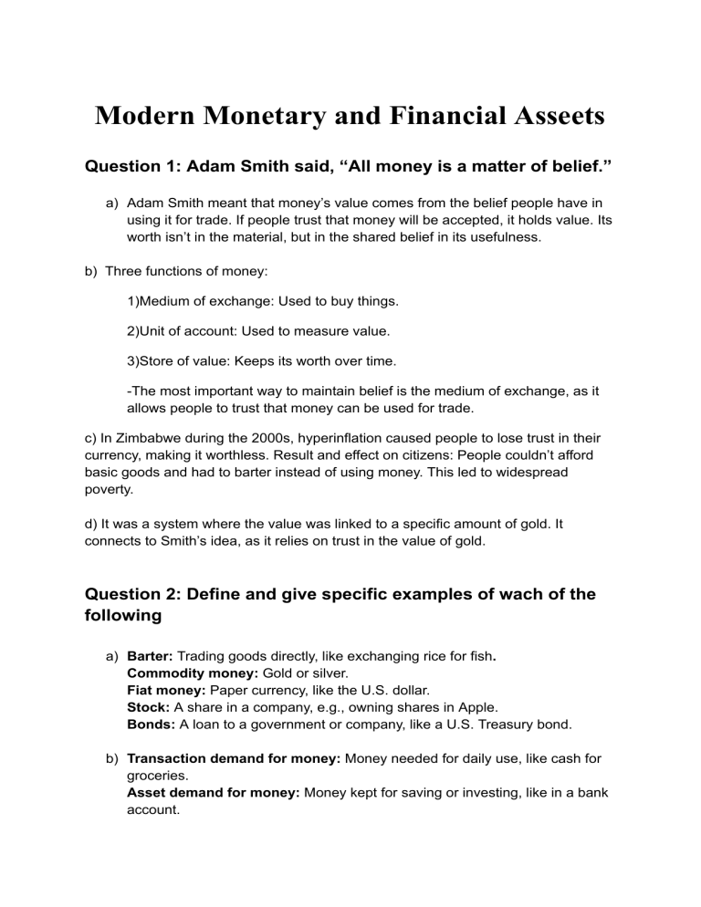 Modern Monetary & Financial Assets: Economics Study Guide