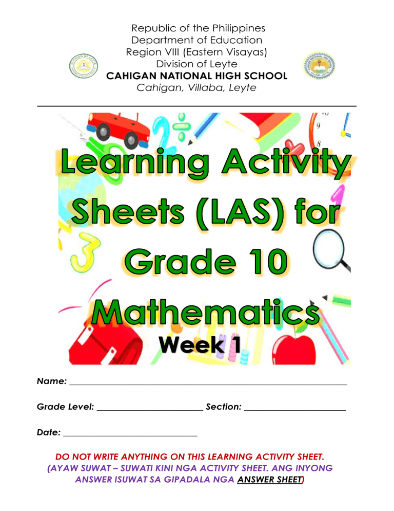 Grade 10 Math: Patterns & Arithmetic Sequences Activity Sheet