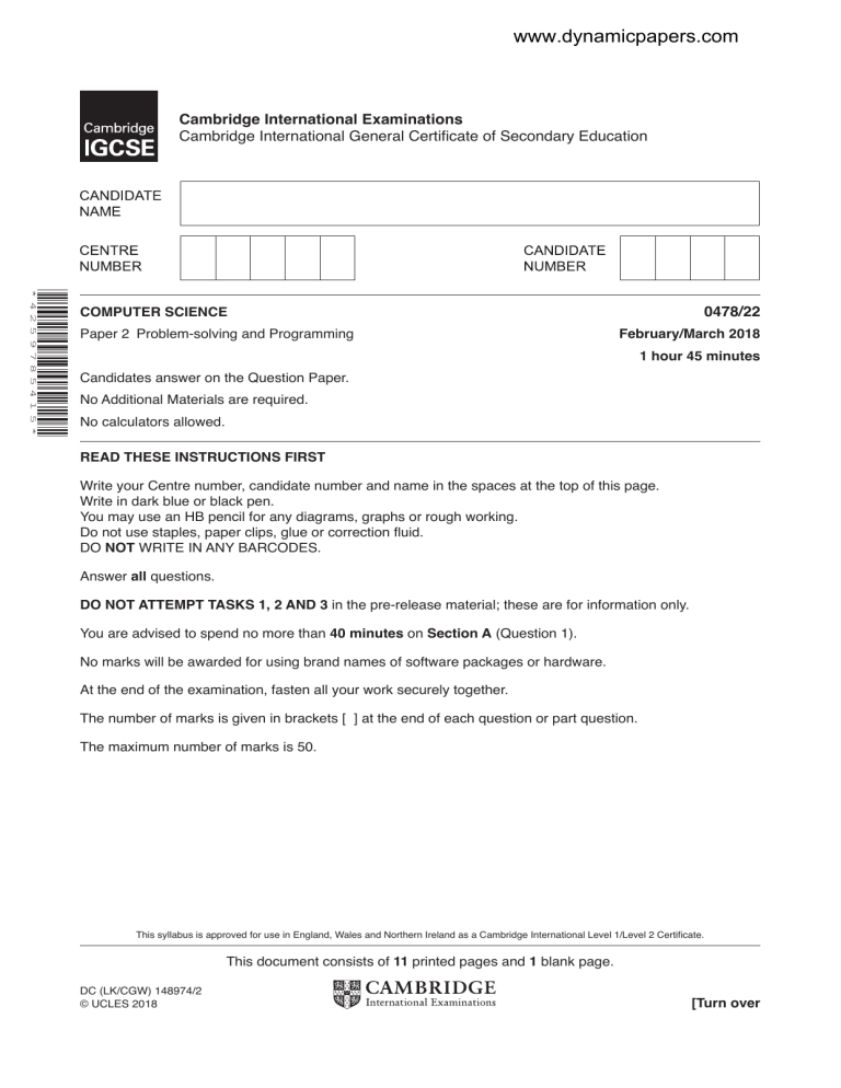 Cambridge IGCSE Computer Science Paper 2 (0478/22) Feb/Mar 2018