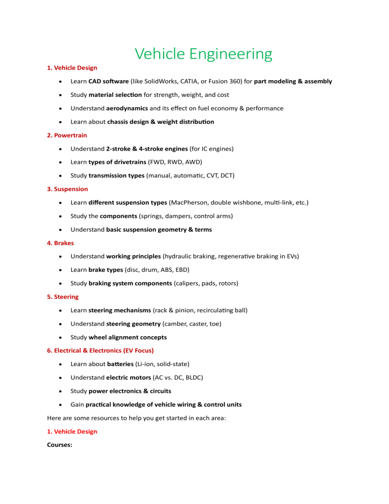 Vehicle Engineering Study Guide: Design, Powertrain, Suspension & EVs