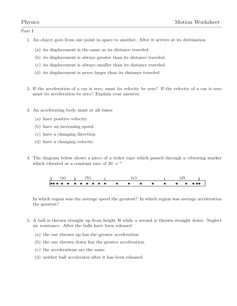 Physics Motion Worksheet: Velocity, Acceleration, Displacement