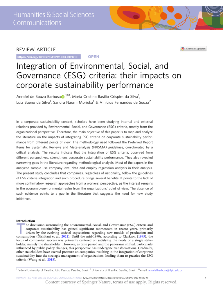 ESG Criteria Integration: Impacts on Corporate Sustainability Performance