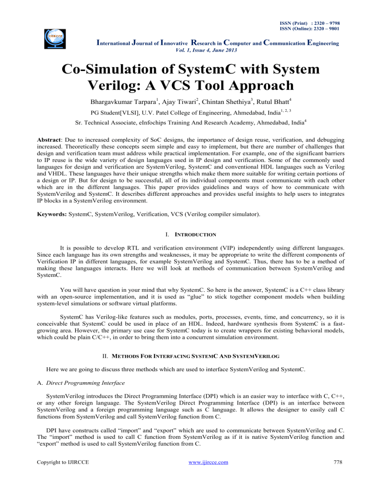 SystemC SystemVerilog Co-Simulation: VCS Tool Approach & Methods
