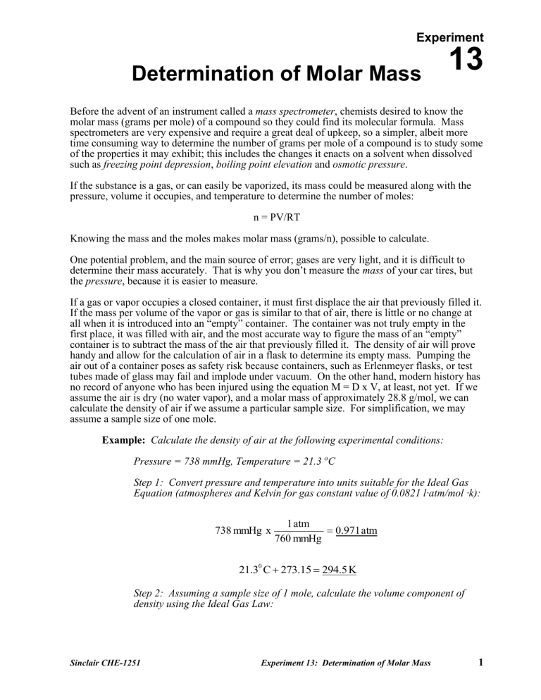 Molar Mass Determination: Lab Experiment Guide