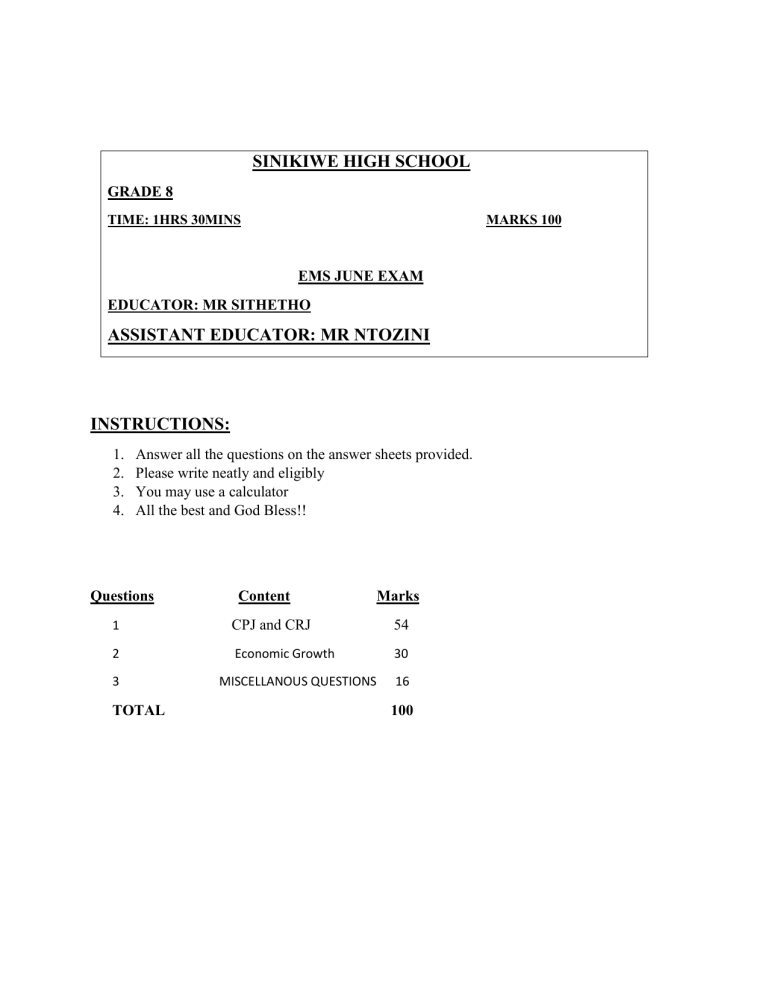 Grade 8 EMS Exam: Economics & Management Sciences