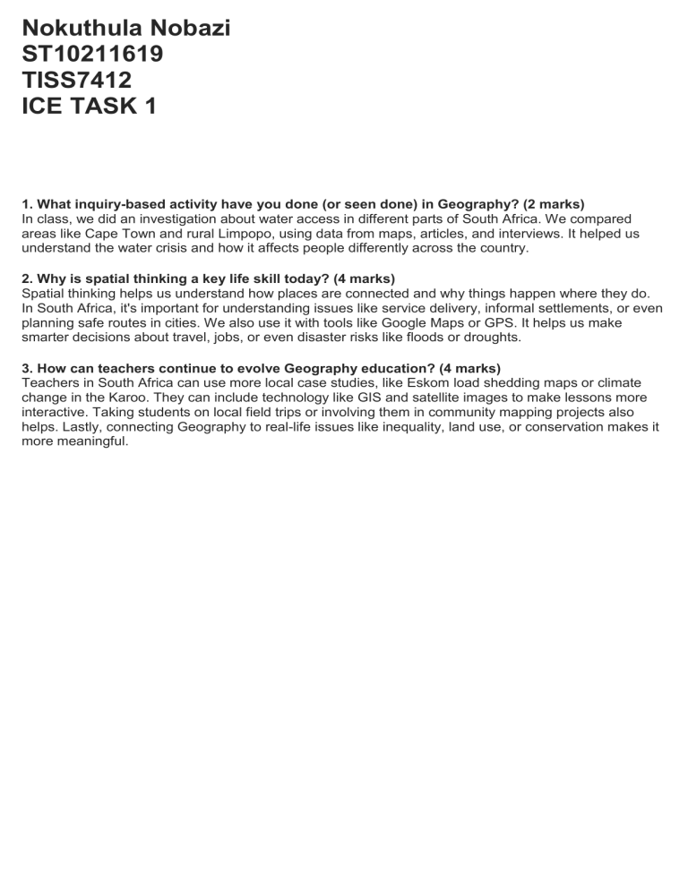 Geography ICE Task: Inquiry, Spatial Thinking, South Africa