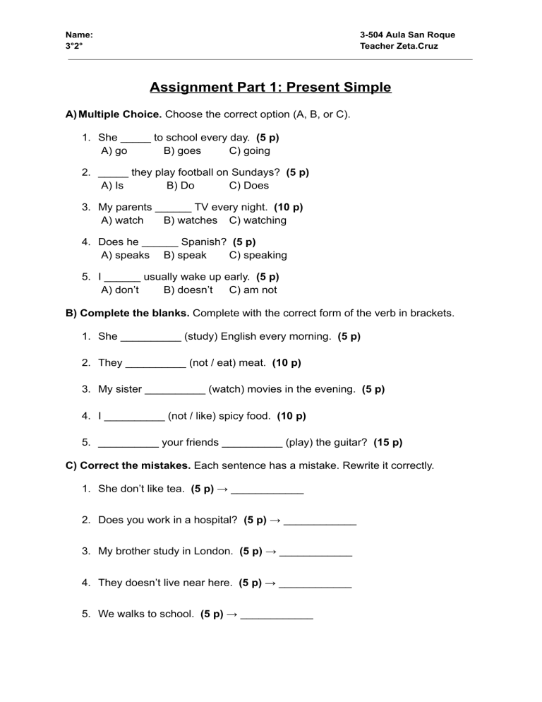 Present Simple Tense Worksheet - English Grammar Practice